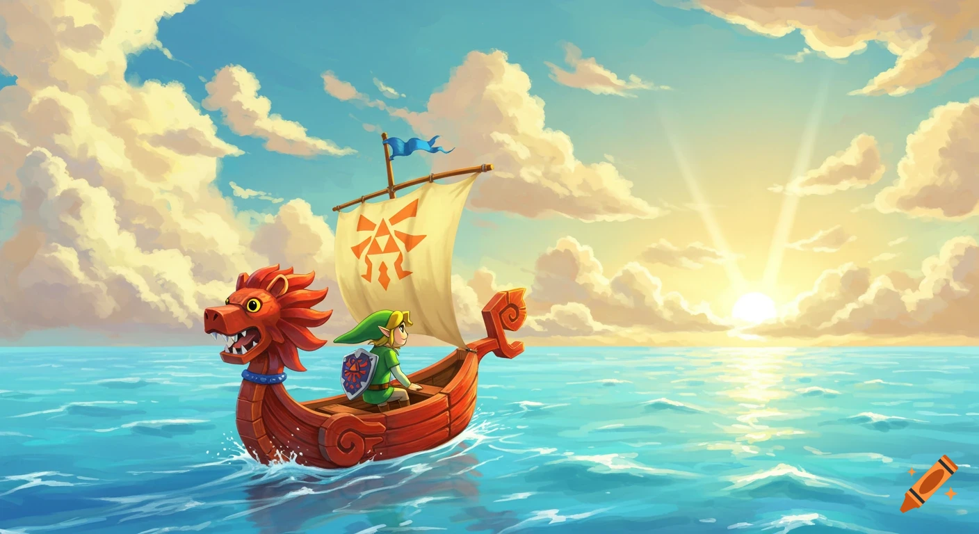 Digital painting of Link sailing the King of Red Lions boat on a calm ...
