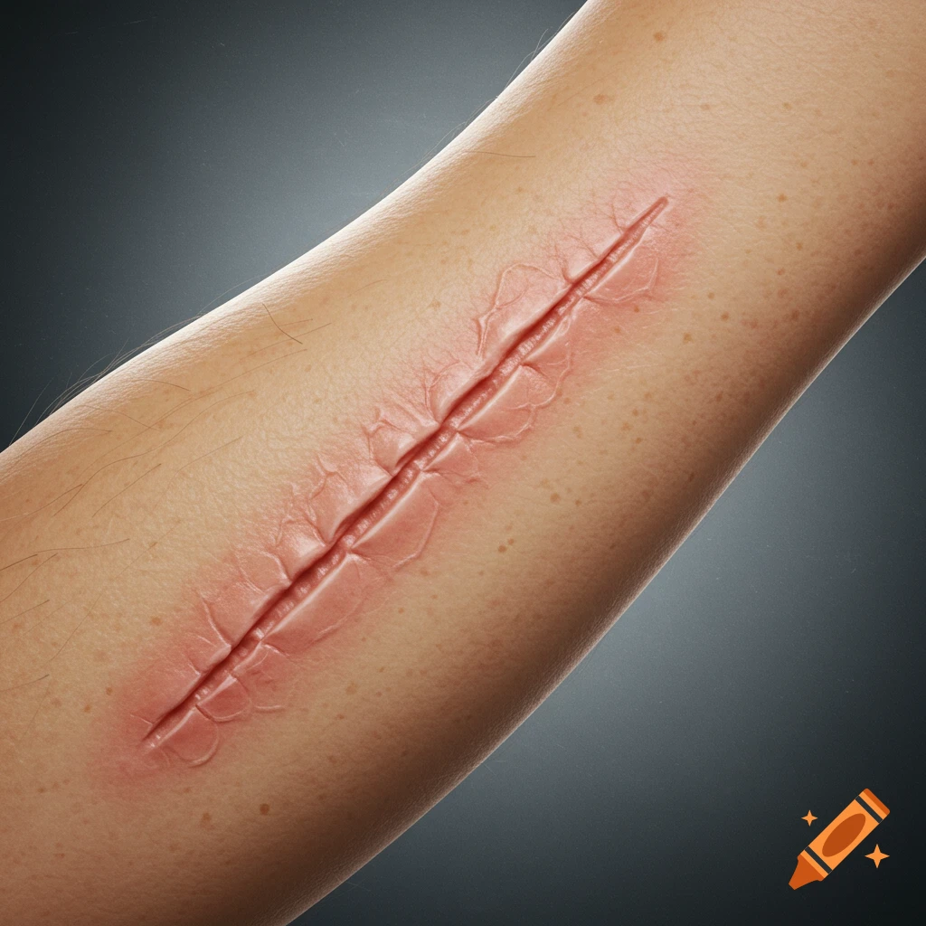 Photorealistic close-up of a long, red scar on a human arm. on Craiyon