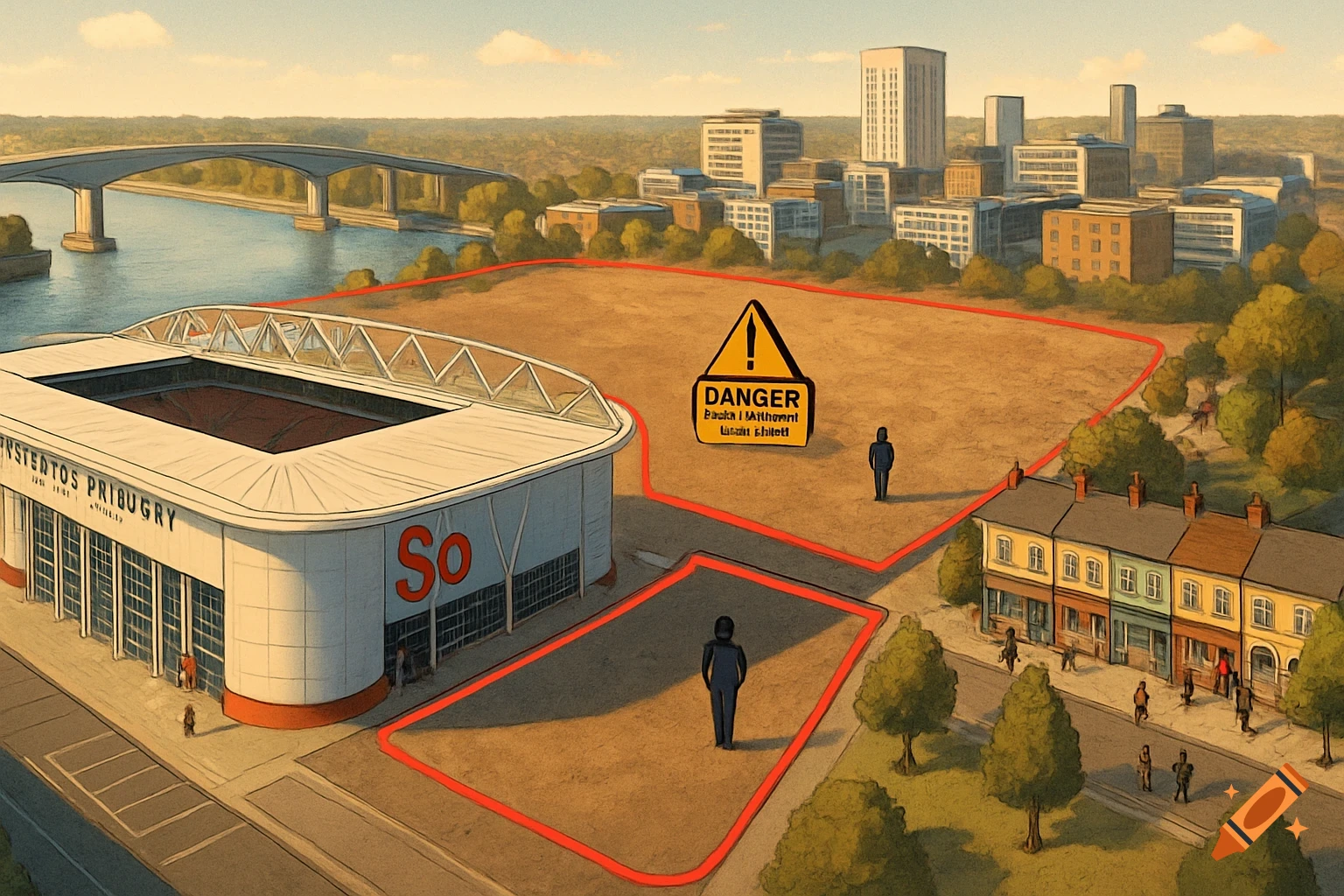 An aerial drawing of a city development site with a stadium, bridge ...