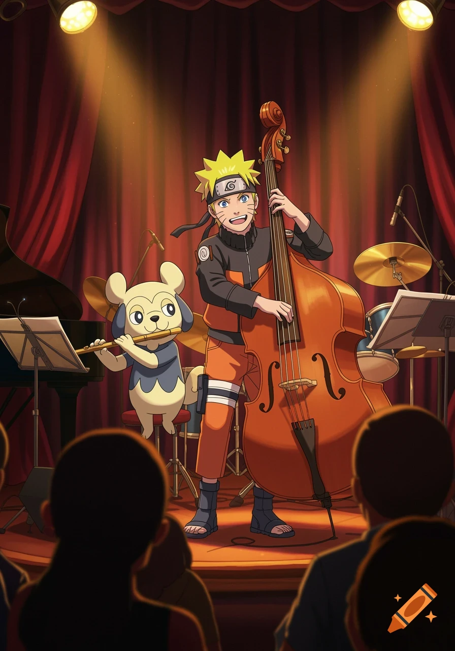 Anime style Naruto plays double bass on a jazz stage with Snubbull ...