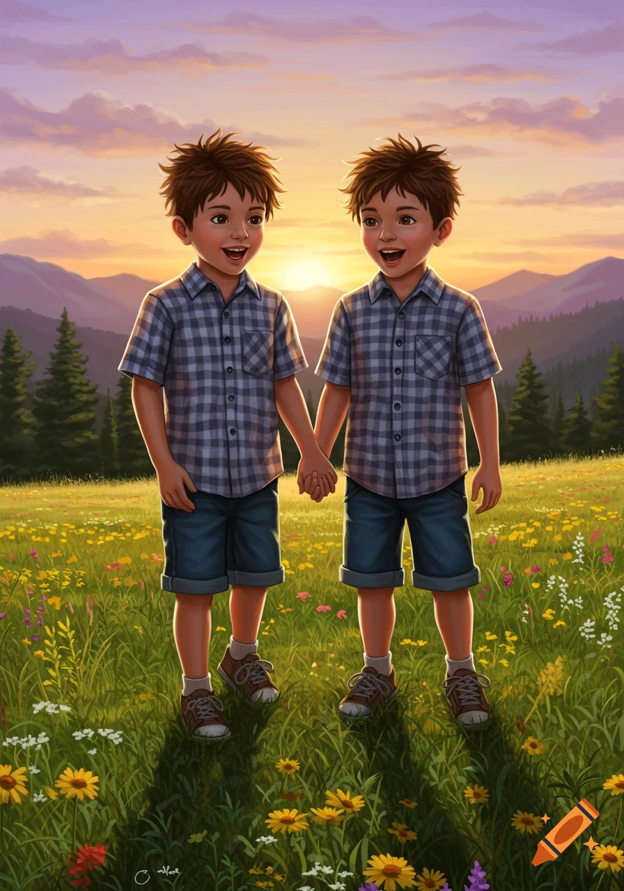 Two smiling twin brothers holding hands in a vibrant, flower-filled ...
