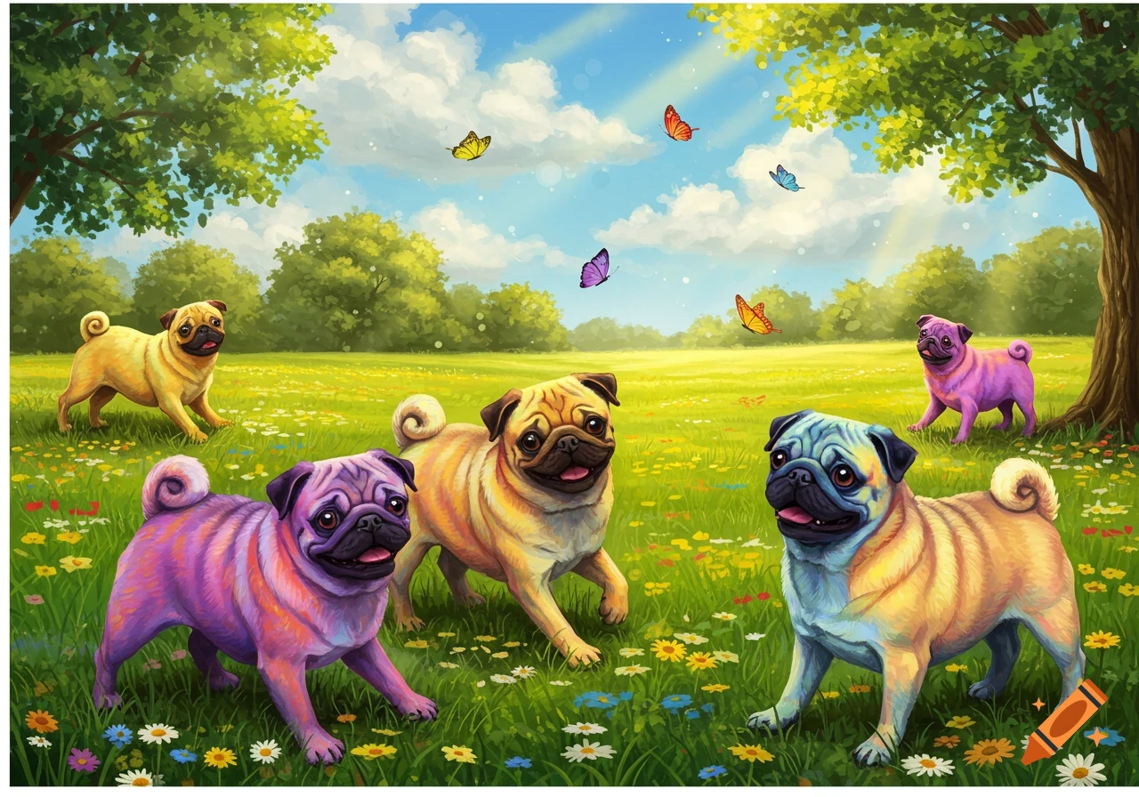 Colorful pugs of various hues playing in a sunny green field with ...