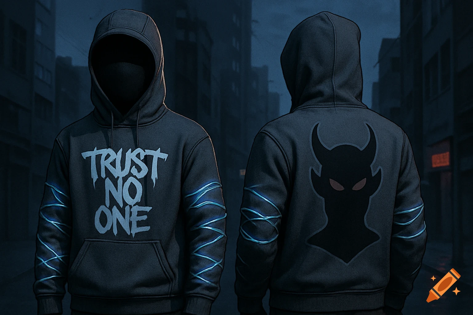 Two figures in dark hoodies: one with 'TRUST NO ONE' text, the other ...