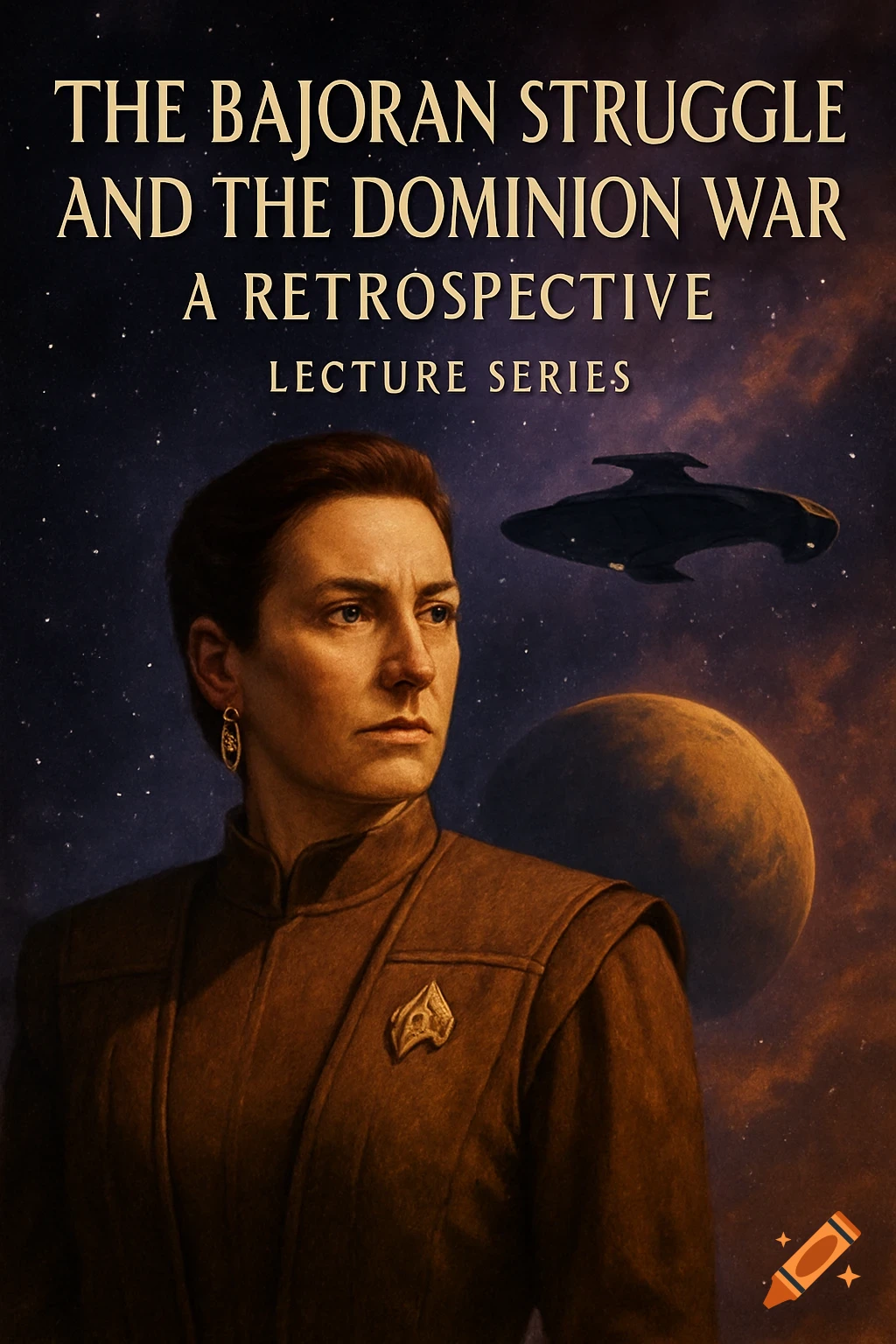 A science fiction poster shows a person in a brown uniform looking ...