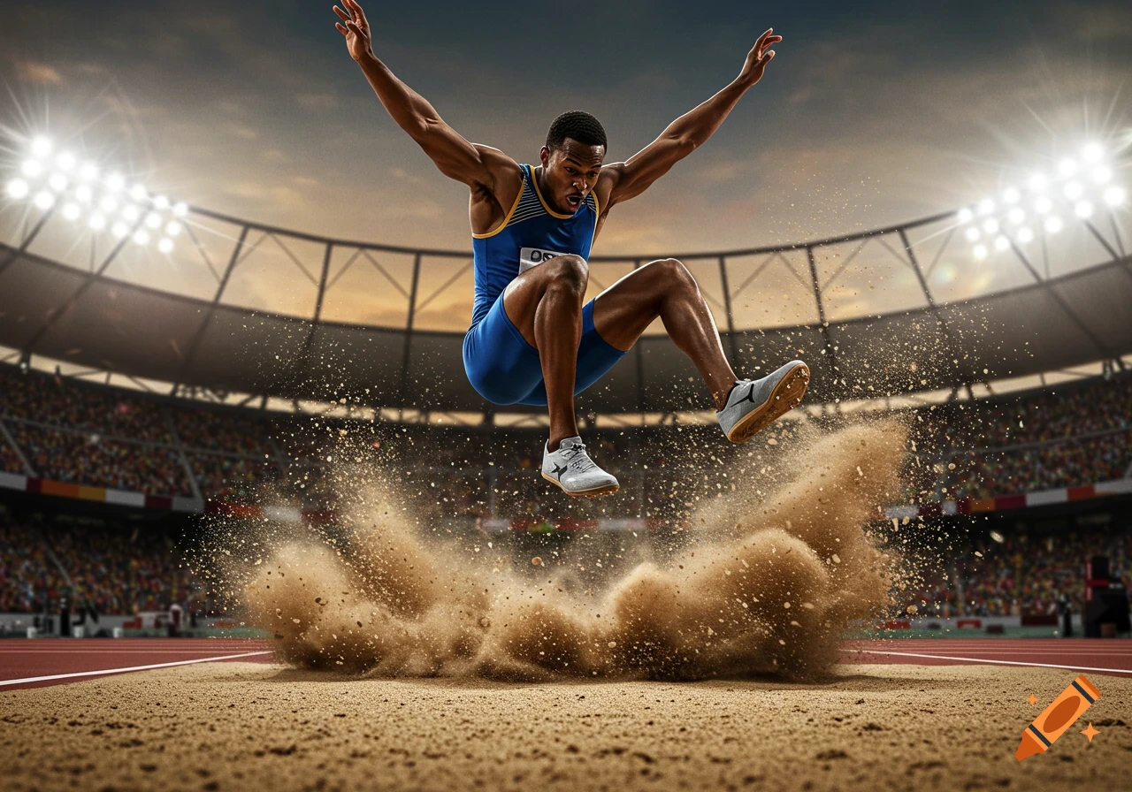 A male long jumper is captured mid-air, with sand dramatically ...