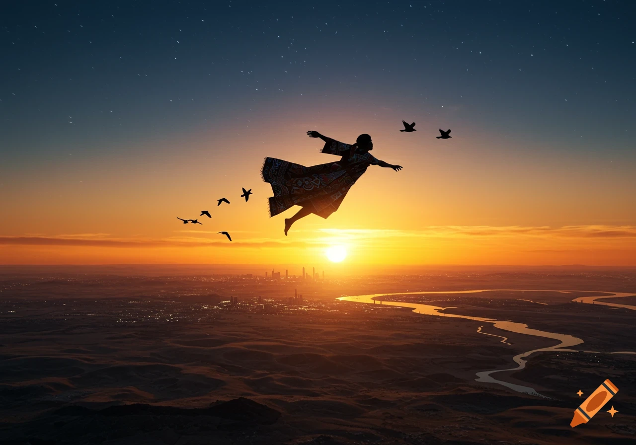 A silhouette of a person in a flowing robe flies across a vibrant ...