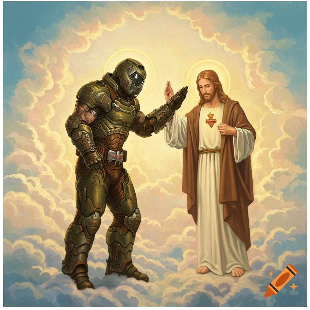 Doomslayer and Jesus Christ standing on clouds, reaching out as if to ...
