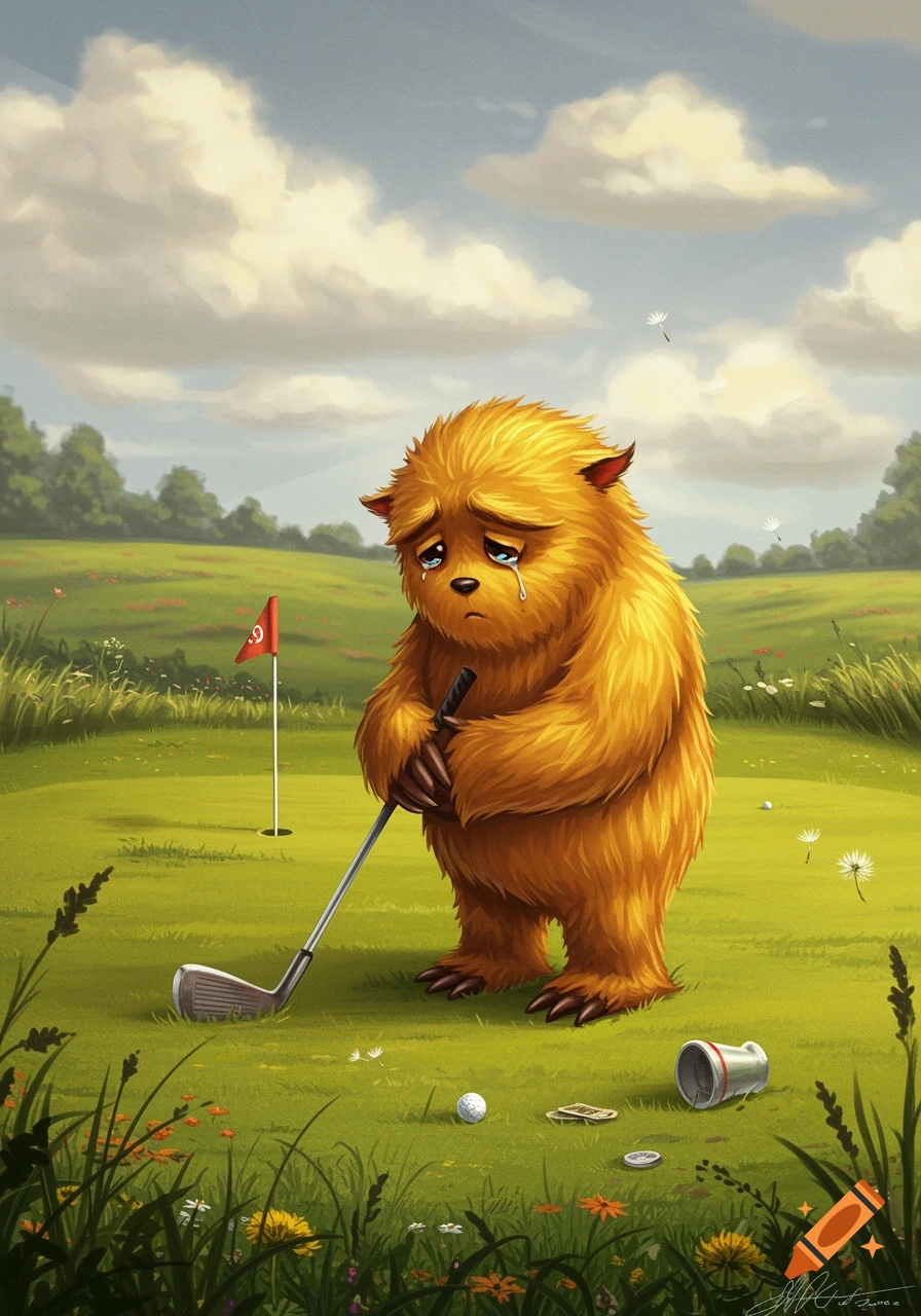 A sad, furry, orange monster holding a golf club and crying on a golf ...