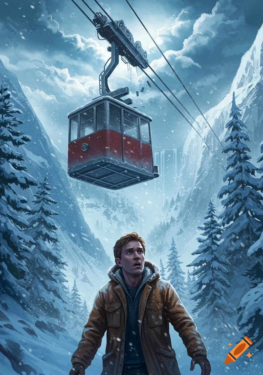 An illustrated scene of a man looking up in alarm at a damaged ski lift ...
