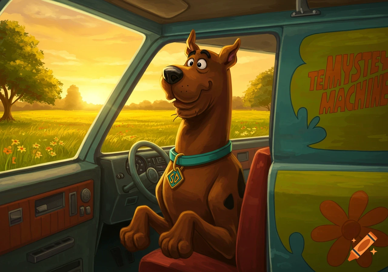 Cartoon illustration of Scooby Doo driving the Mystery Machine van ...