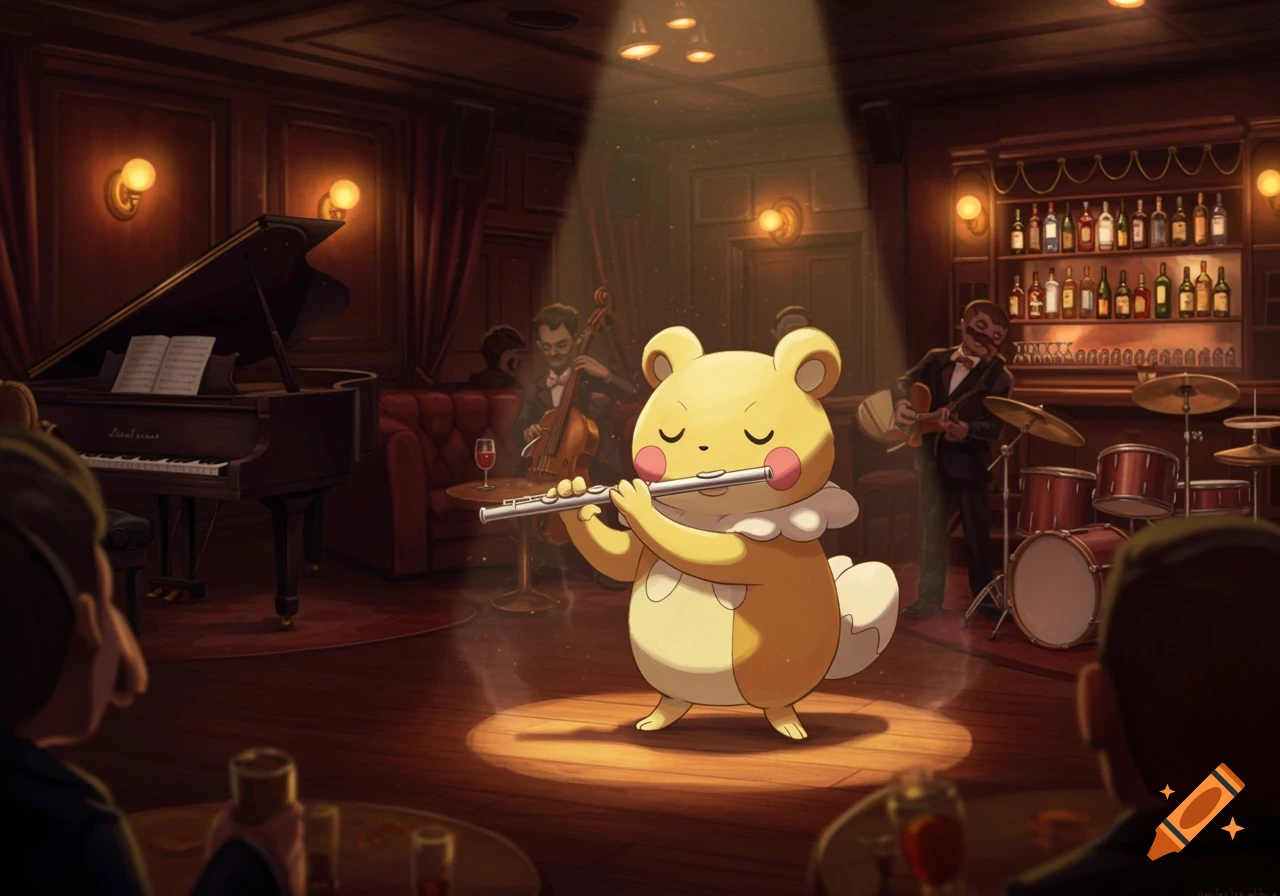 A yellow, plump, Pokemon-like creature with red cheeks plays a flute on ...