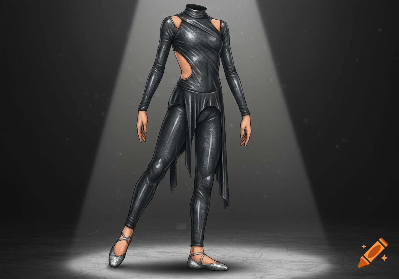 An illustration of a dark gray gunmetal metallic dance costume with ...