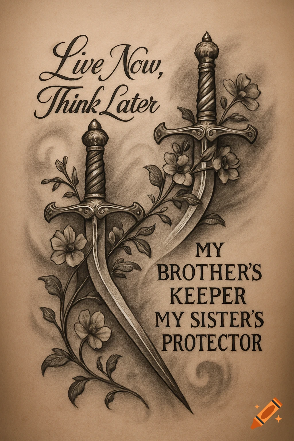 A sepia-toned sketch depicts two ornate swords intertwined with ...