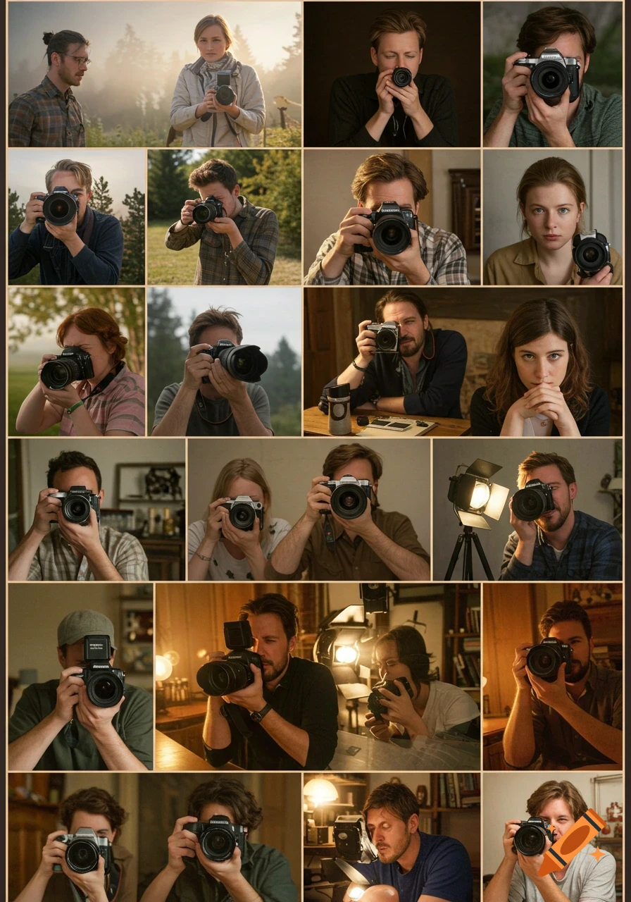 A collage of diverse people, men and women, holding cameras and taking ...