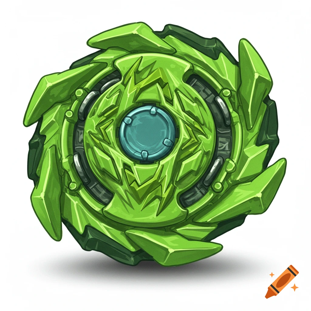 A vibrant green Beyblade toy with sharp, spiky edges and a teal center ...