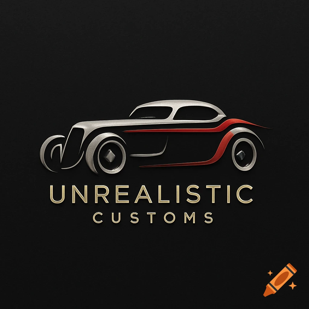 A sleek, metallic silver and red hot rod logo for Unrealistic Customs ...