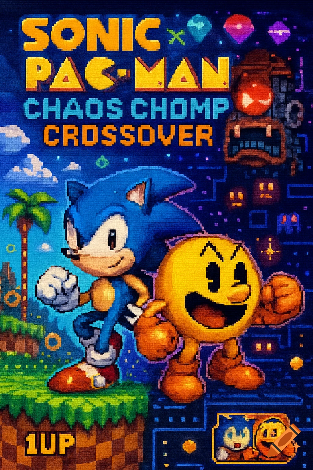 A pixel art video game cover featuring Sonic the Hedgehog and Pac-Man ...