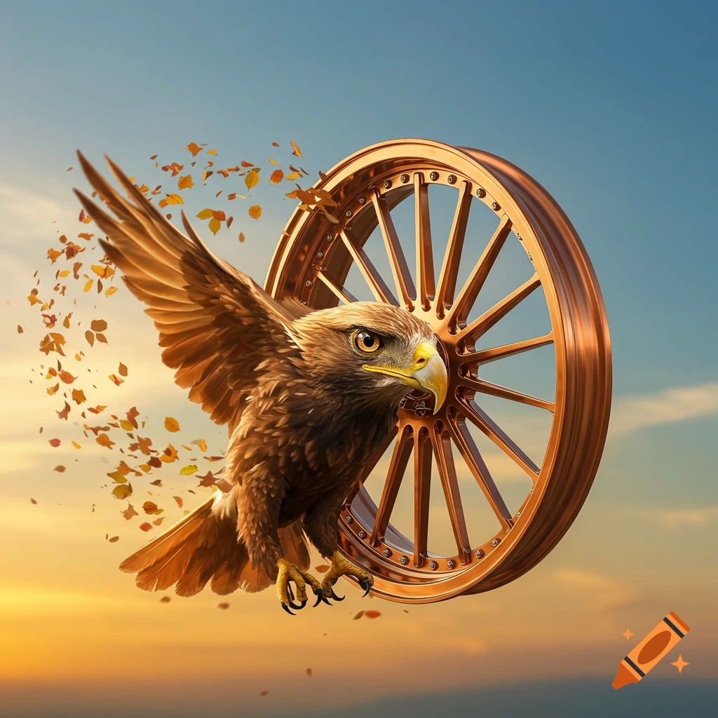 A majestic brown eagle with outstretched wings emerges from a golden ...