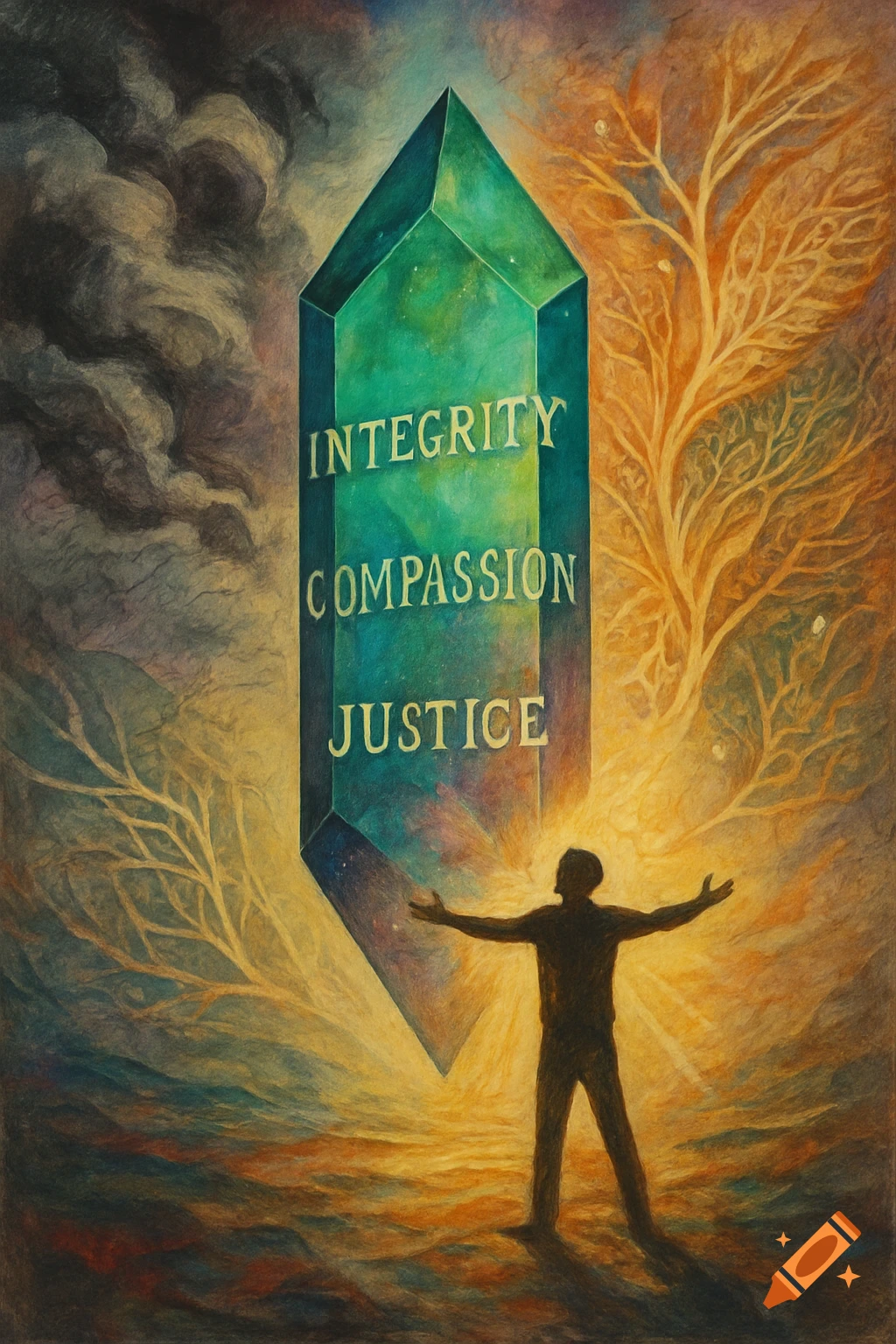 A silhouetted person stands before a glowing green crystal inscribed ...