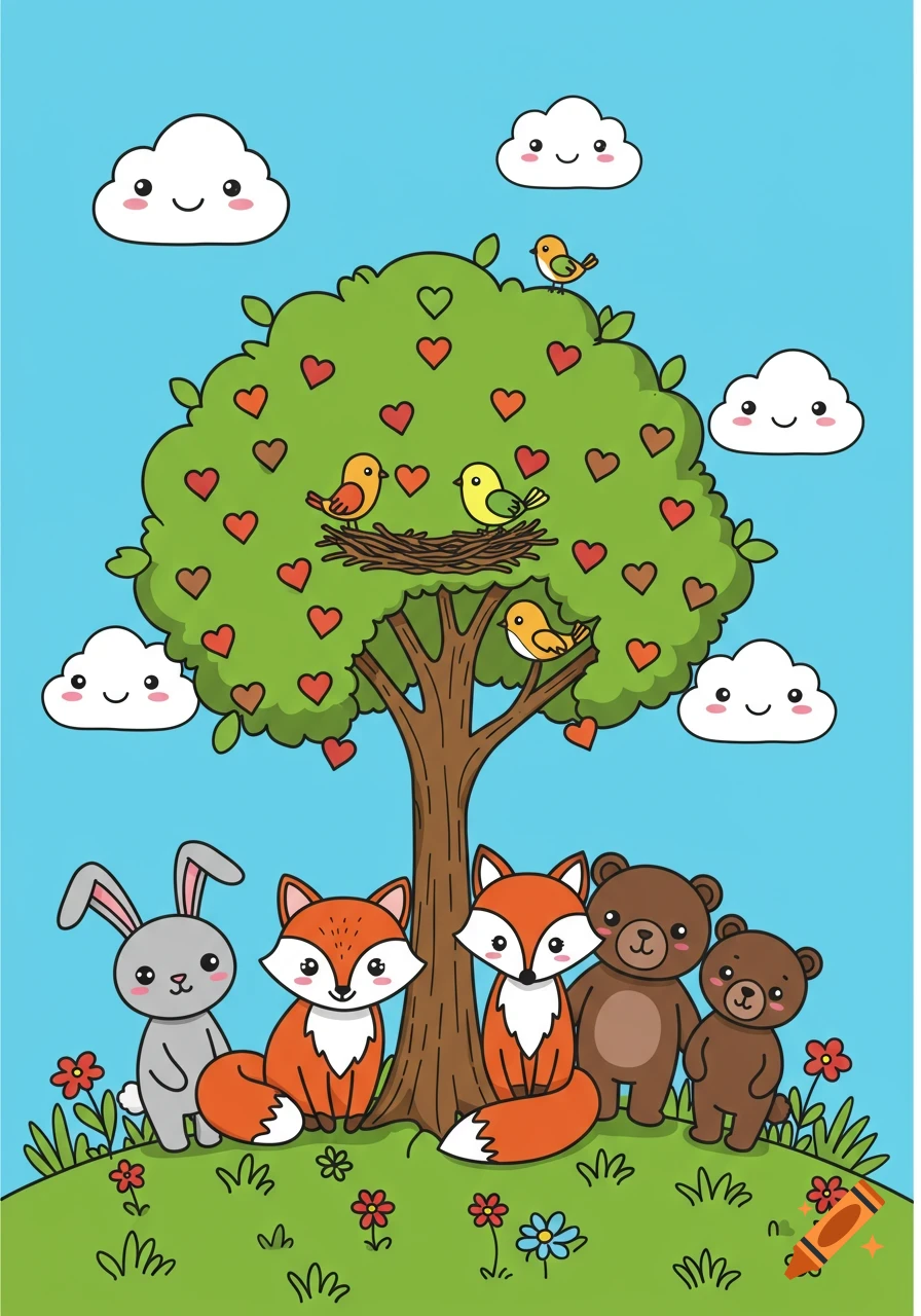 Cartoon animals including bears, fox, rabbit, penguin, and a rock ...