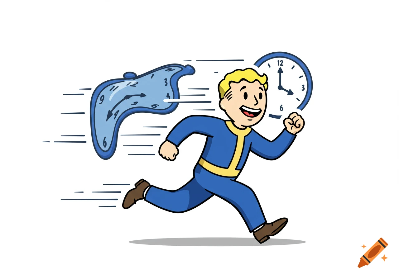 Cartoon illustration of Vault Boy running quickly past a normal clock ...