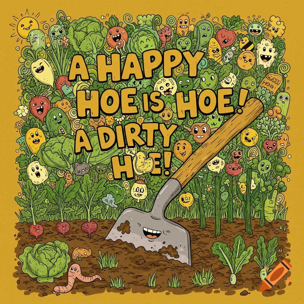 Whimsical doodle art of a smiling garden hoe in dirt surrounded by ...