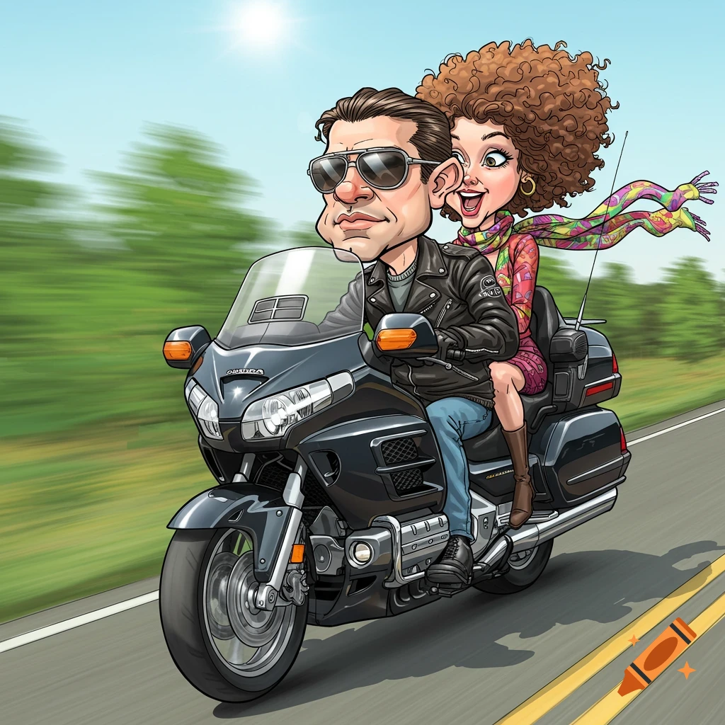 Caricature of a man and woman riding a black Honda Goldwing motorcycle ...