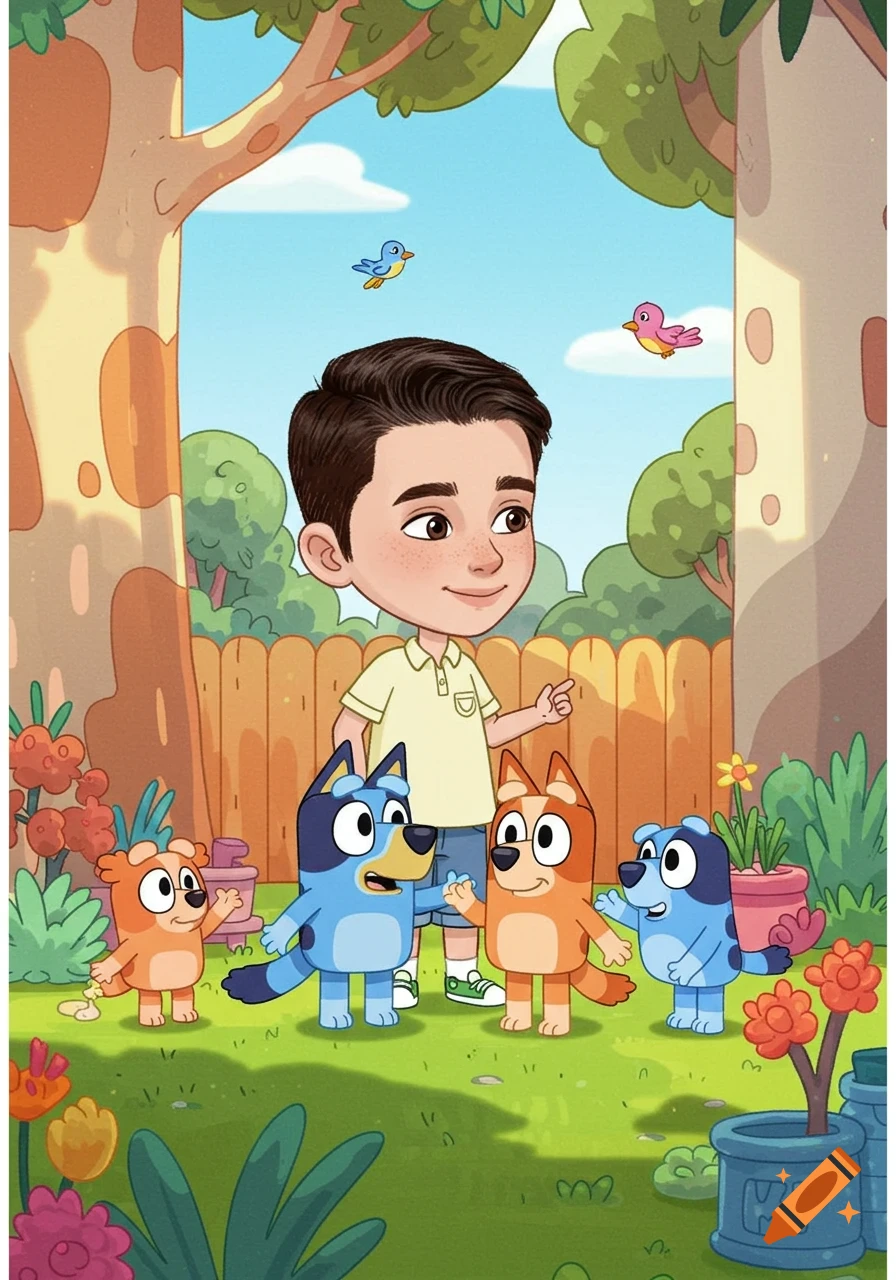 A cartoon boy stands in a sunny backyard with Bluey characters ...