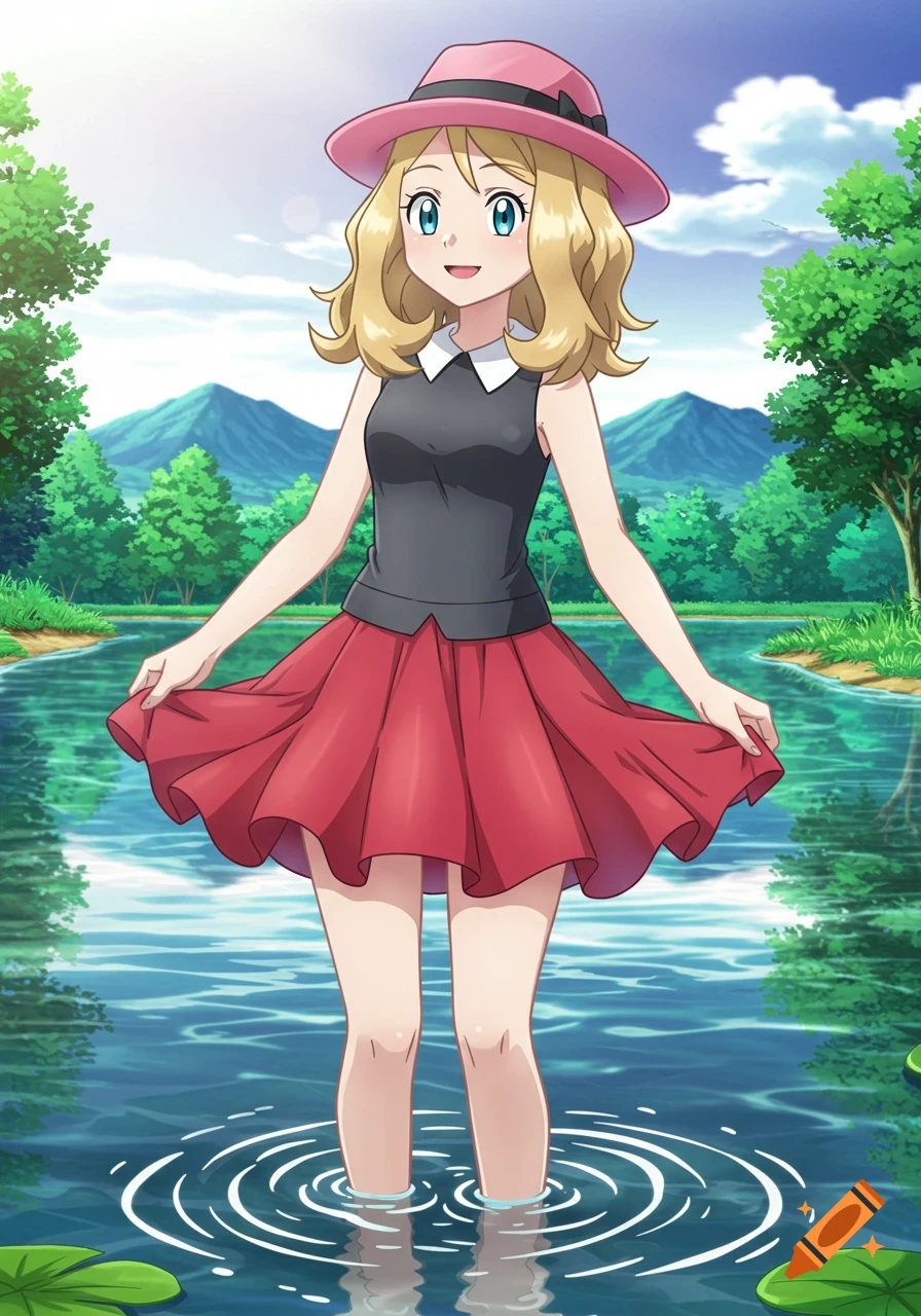 An anime character, Serena from Pokemon, stands in shallow water. She ...
