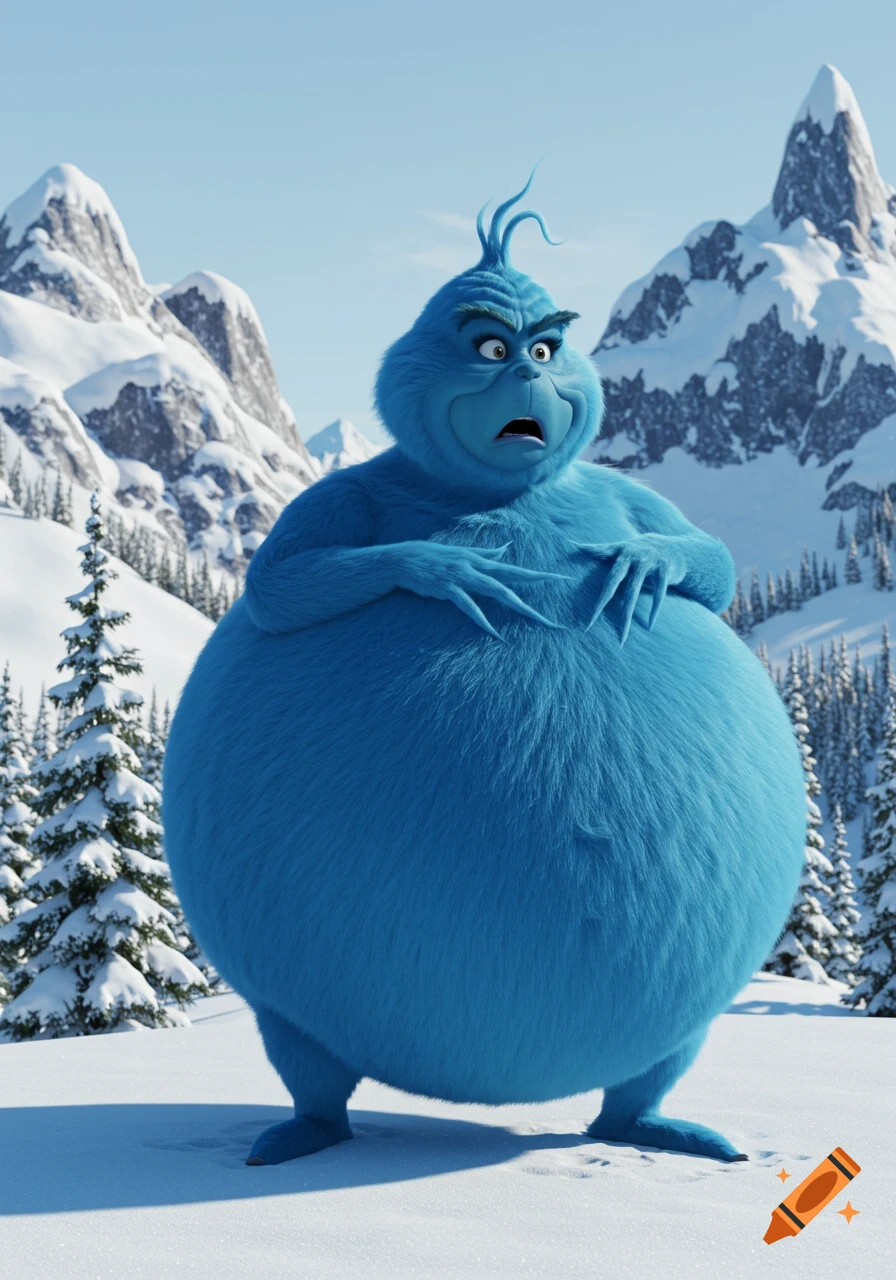 A 3D animated blue, furry Grinch-like character with a greatly inflated belly stands in a snowy ...