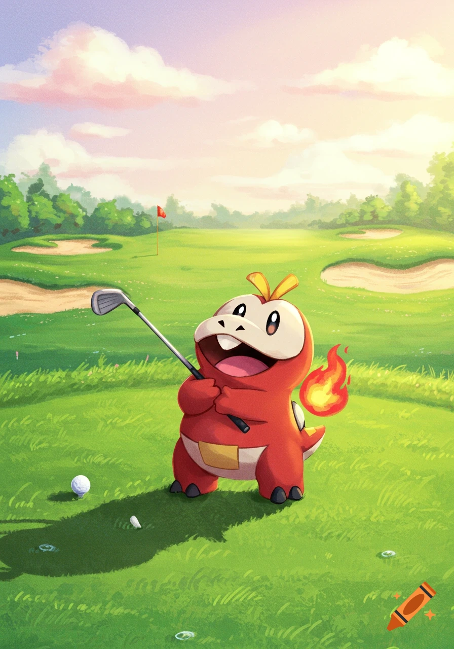 A cute red Fuecoco from Pokemon holds a golf club on a green golf ...