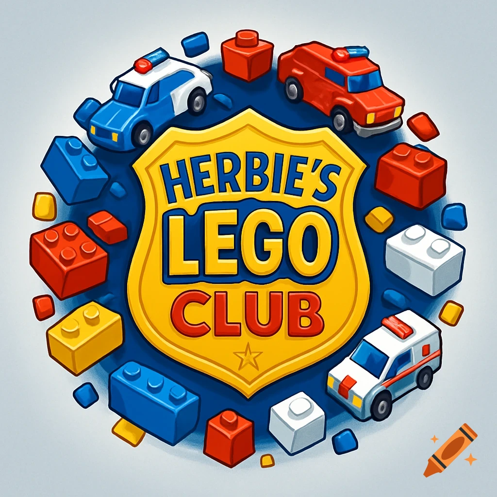 Colorful logo for HERBIE'S LEGO CLUB featuring stylized Lego police car ...