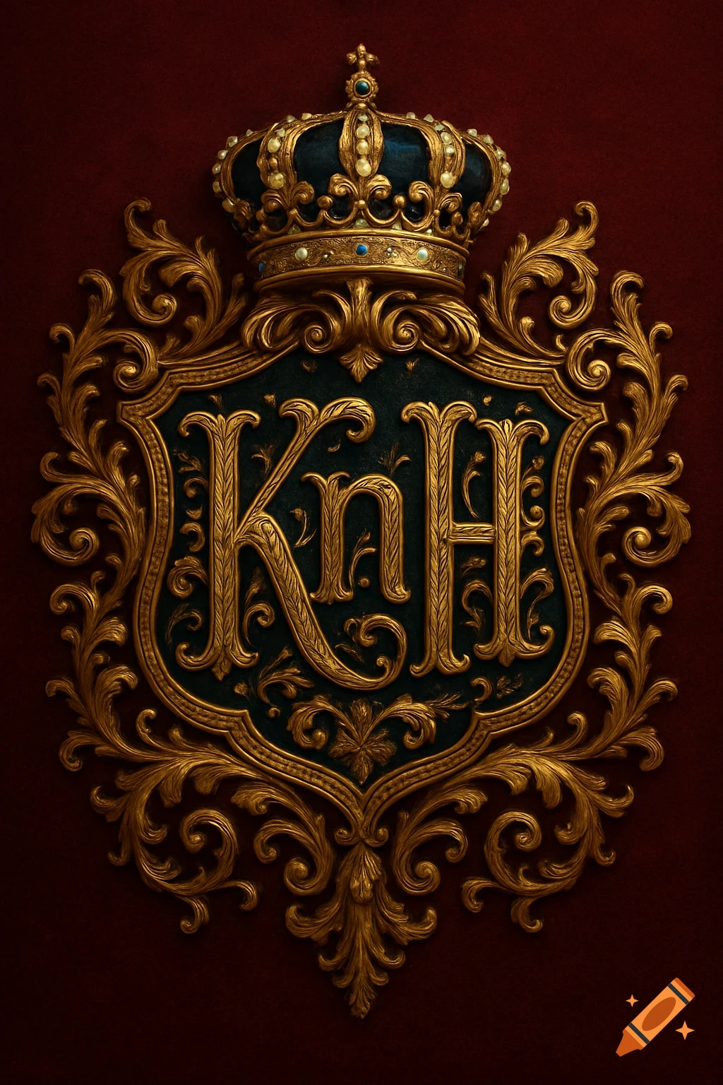 Ornate gold and teal royal crest with a crown, featuring the letters ...