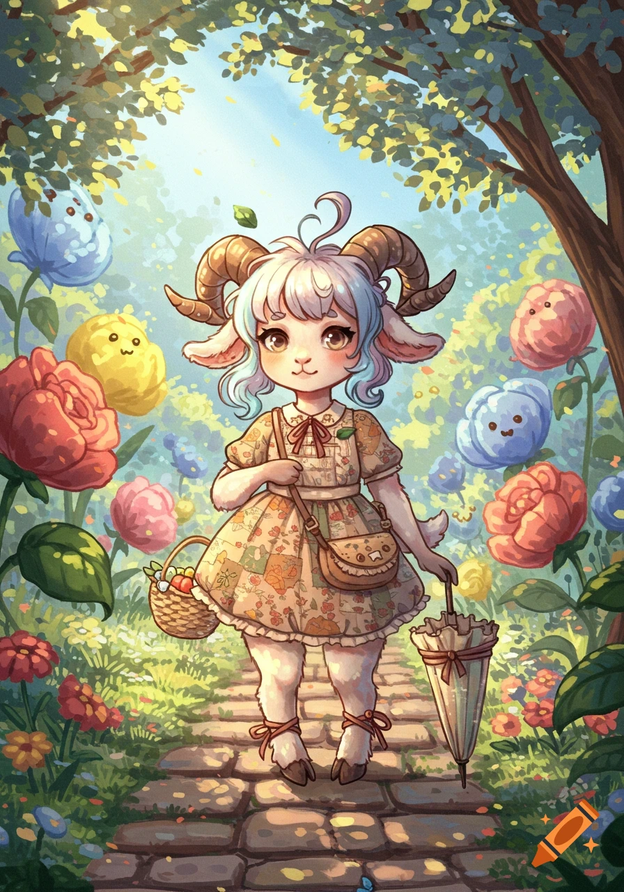 A cute goat girl with ram horns walks on a stone path through a sunny ...