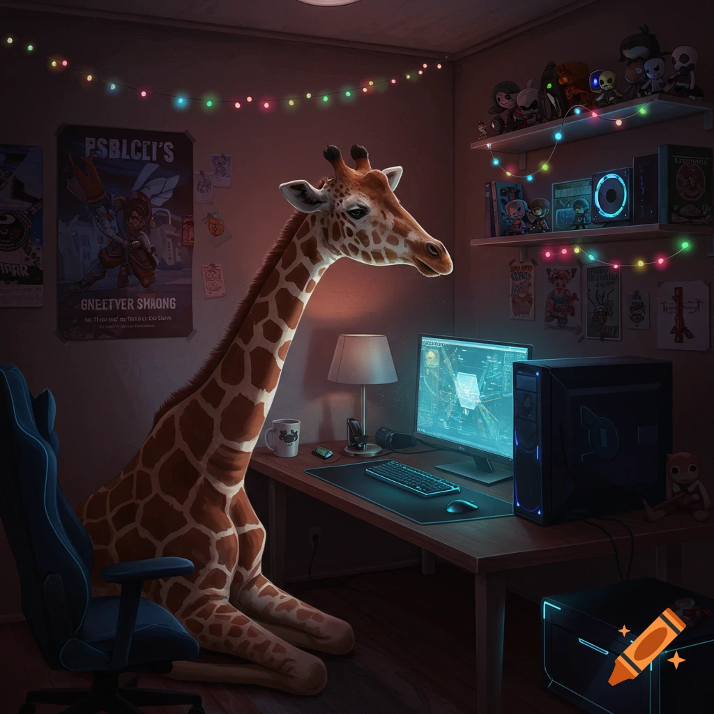 A giraffe sits next to a gaming computer setup in a dimly lit room ...