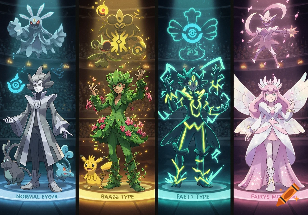 Four anime-style fantasy characters representing Normal, Grass ...