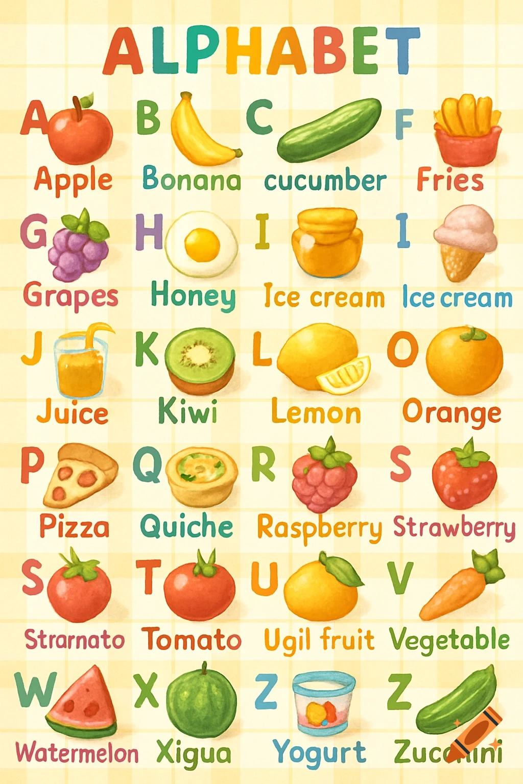 A colorful A-Z alphabet chart for kids, featuring cartoon food items for each letter on a ...