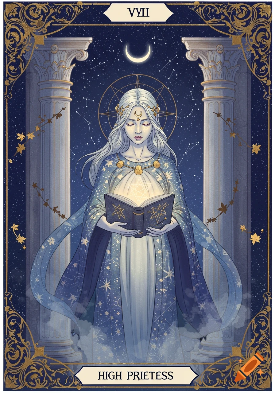 A fantasy illustration of a High Priestess tarot card. A woman with ...