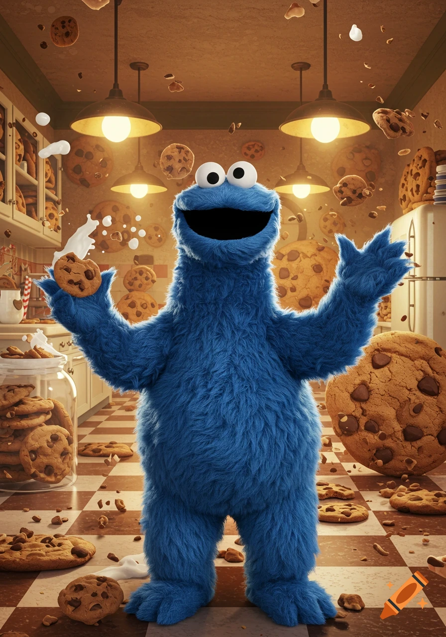 A photorealistic Cookie Monster stands on a sunny golf course, holding ...