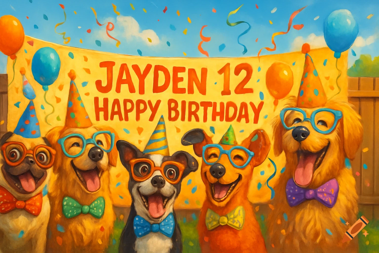 A colorful, painterly image of five happy dogs wearing party hats and ...