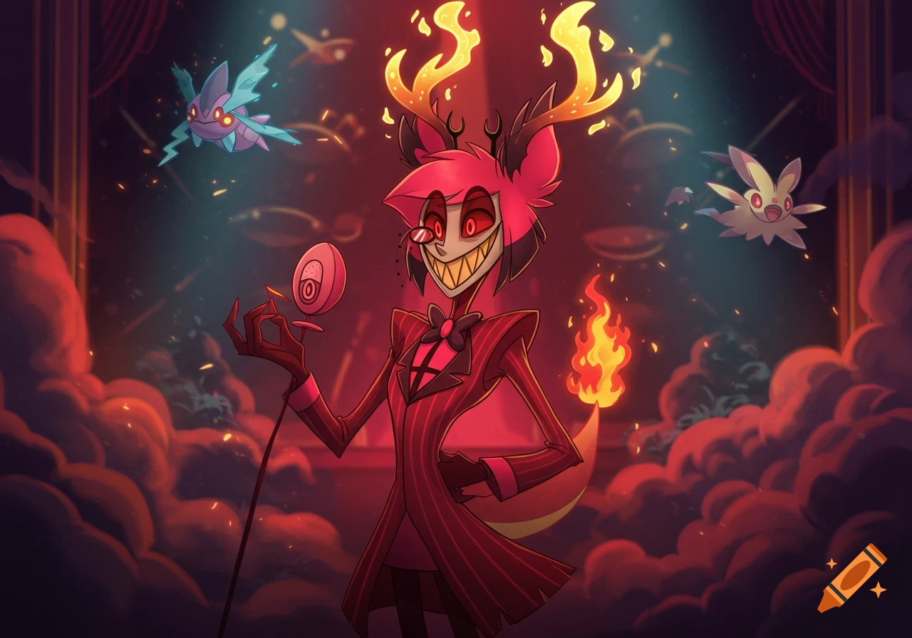 Alastor from Hazbin Hotel holding a bitten poptart and two red ...