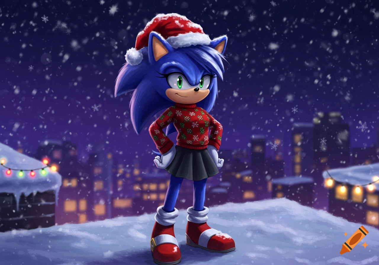 A humanized Sonic character wearing a Santa hat and a red Christmas ...