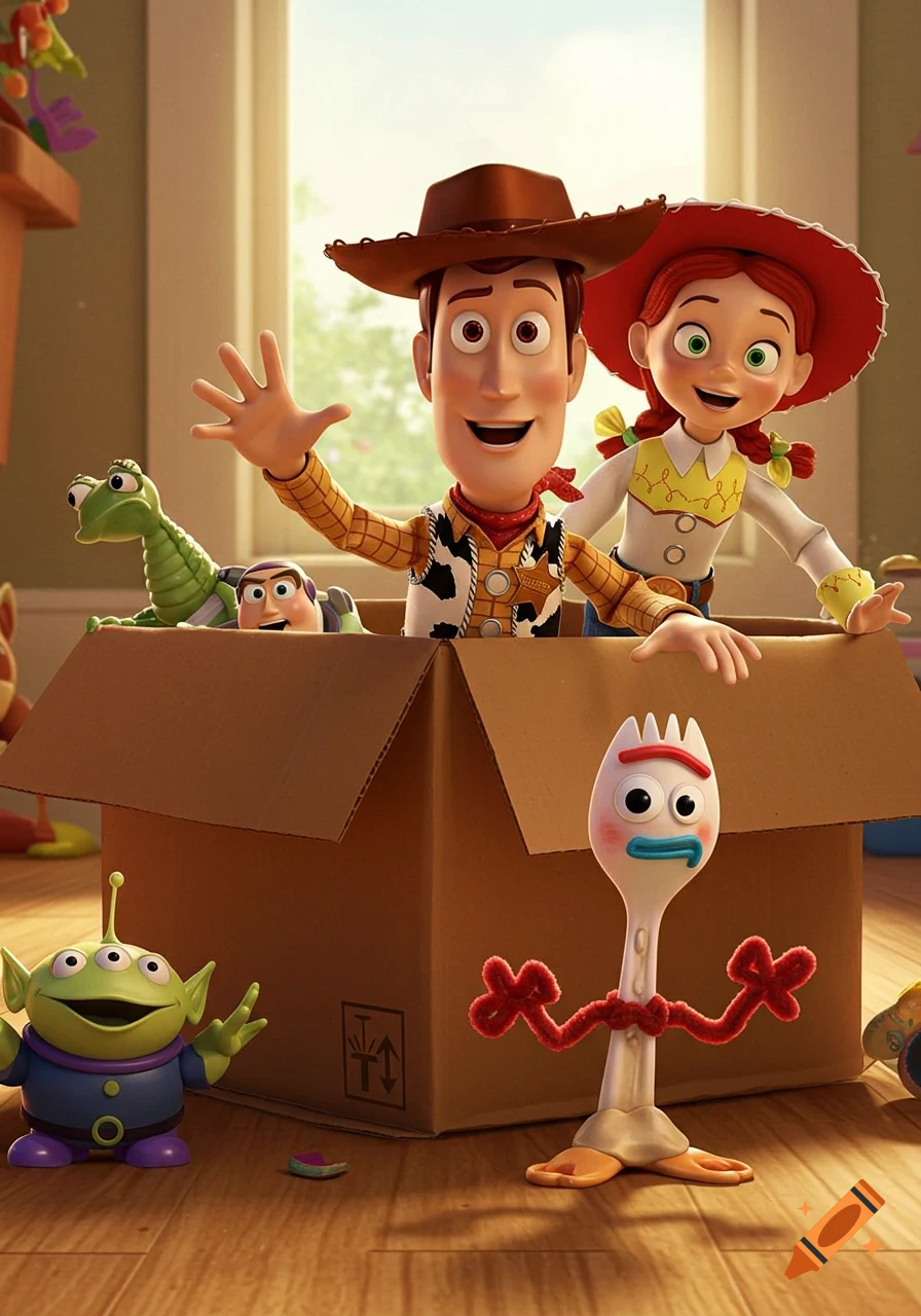 Woody, Jessie, Buzz, and other Toy Story characters cheerfully emerge from a cardboard box in a ...