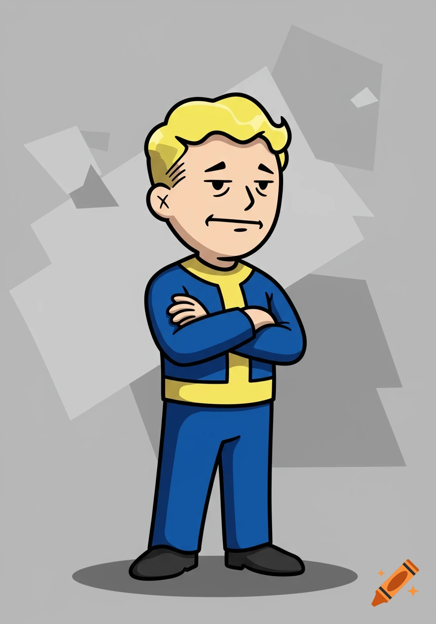 A cartoon illustration of Vault Boy from Fallout, striking a heroic pose with clenched fists and ...