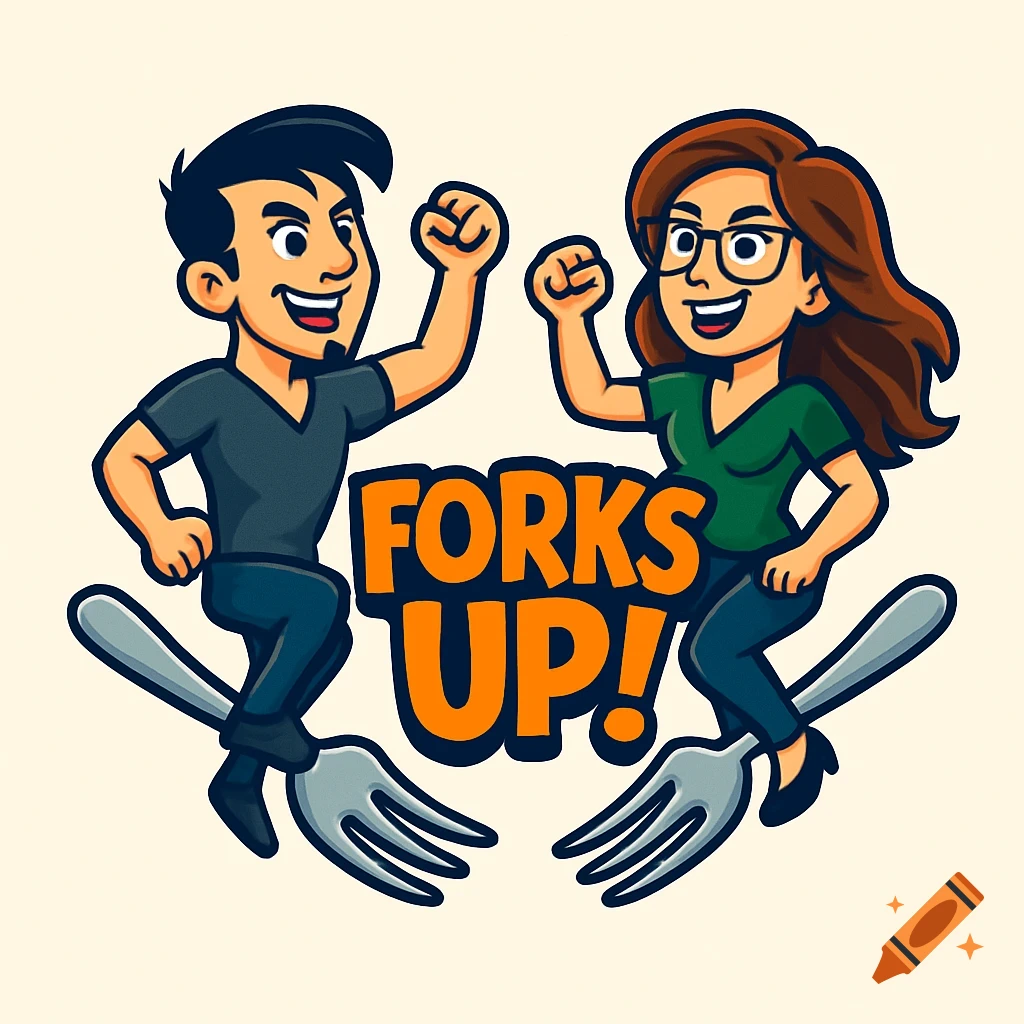 Cartoon logo featuring a male and female character riding forks, with ...