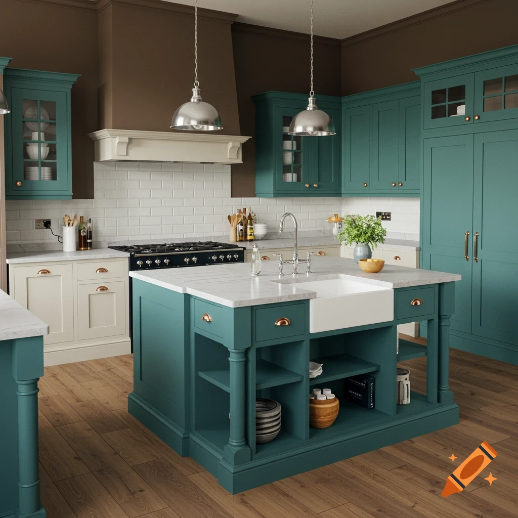 A modern kitchen featuring teal cabinet doors, light beige base ...