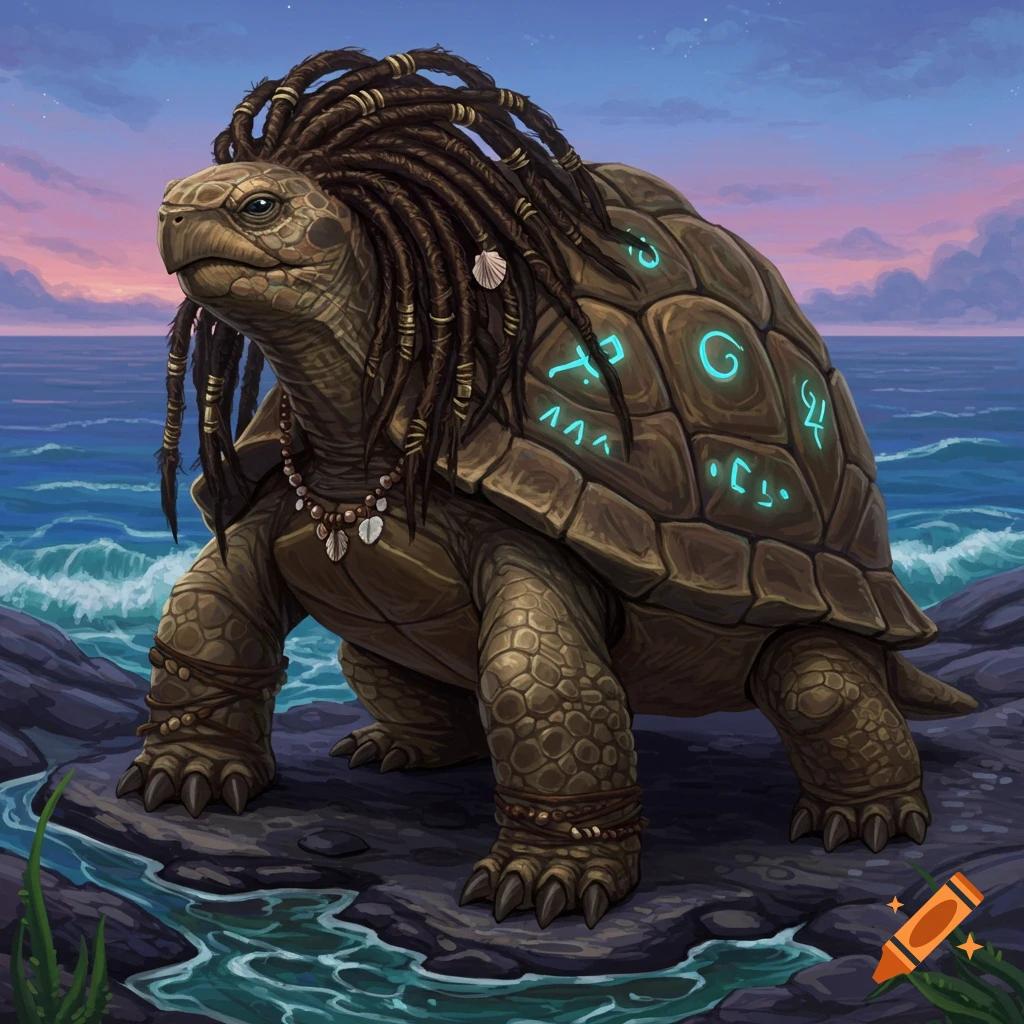 A fantasy Tortle creature with dreadlocks and glowing symbols on its ...