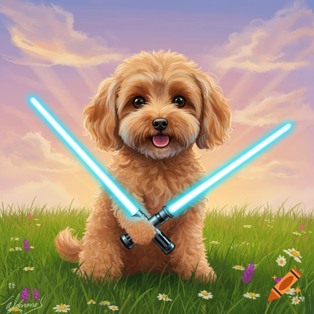 A cute apricot cavapoo dog sits in a grassy field with flowers, holding two blue lightsabers ...