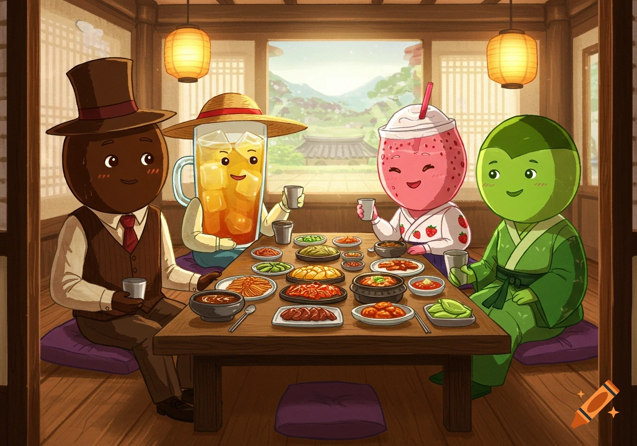 Cute cartoon characters of coffee, iced tea, strawberry smoothie, and ...