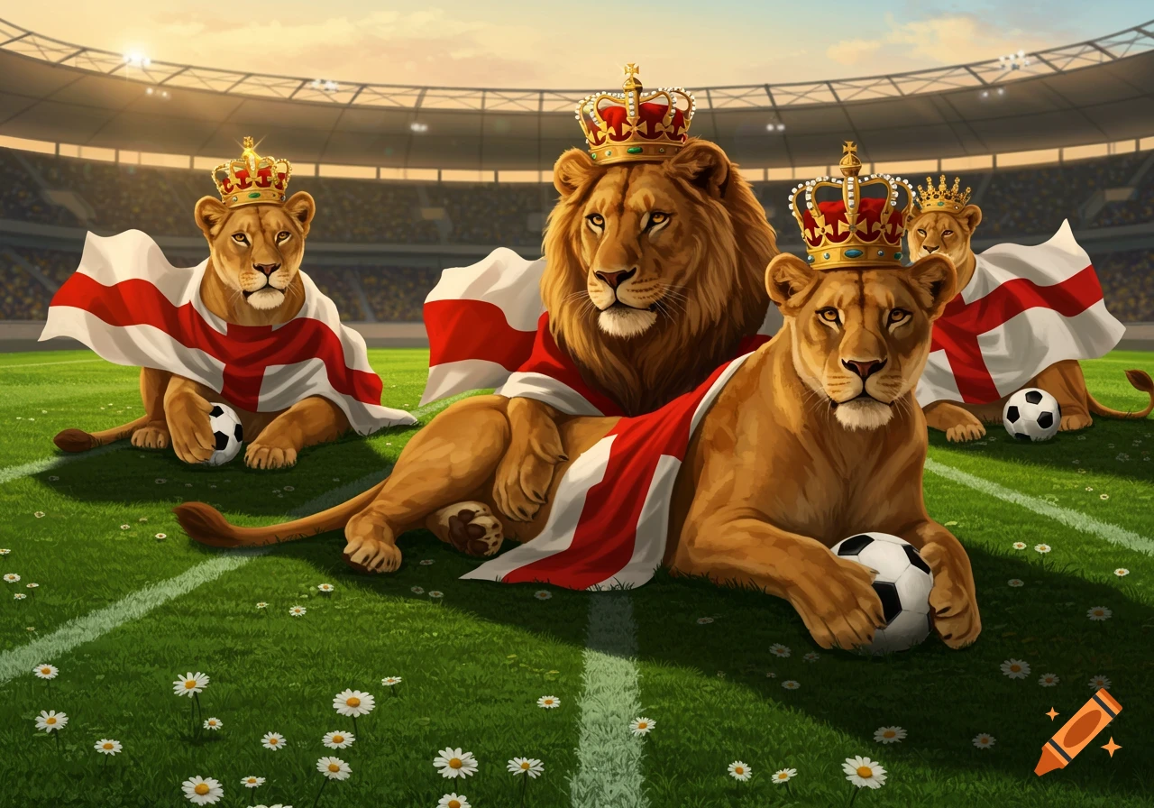 Four majestic lions wearing crowns and England flags on a soccer pitch ...